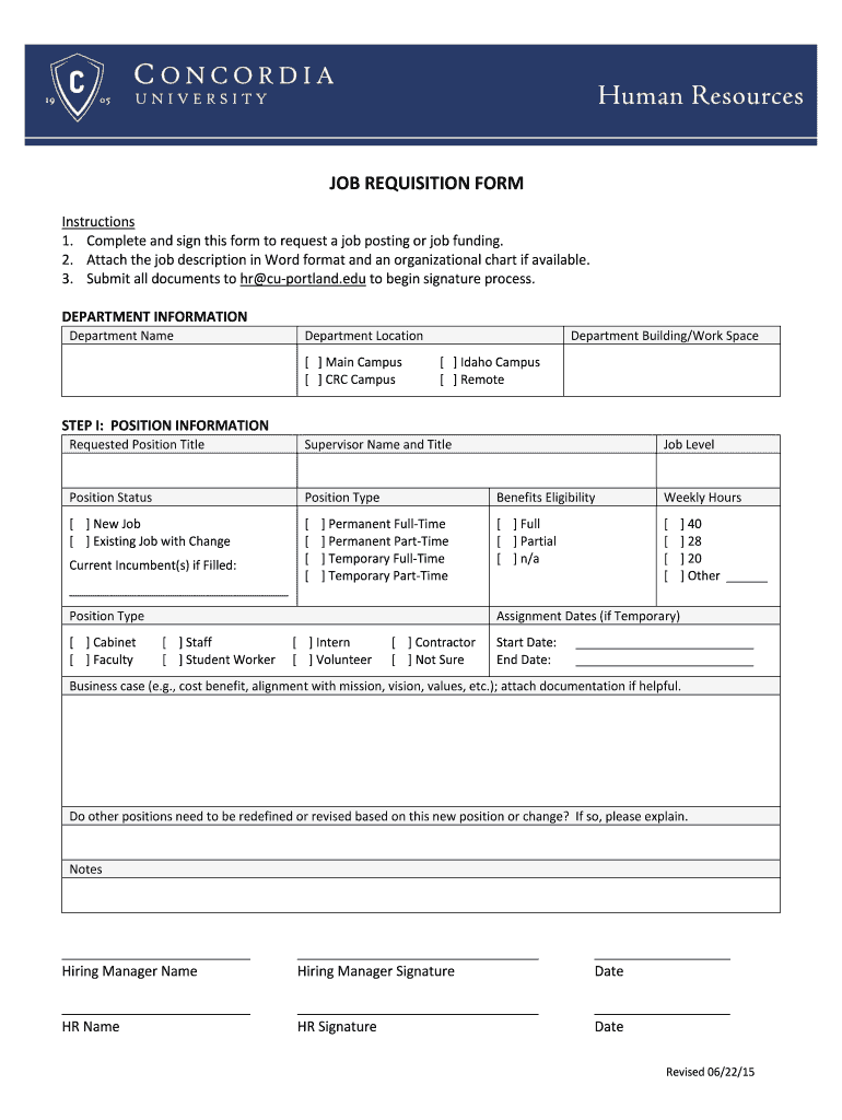 Fillable Online cu-portland JOB REQUISITION FORM - Concordia University Fax Email Print - pdfFiller