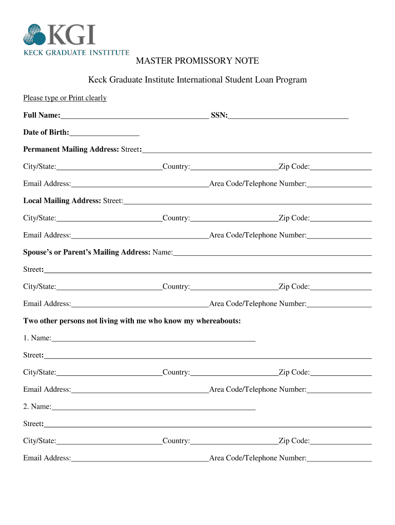 Fillable Online kgi MASTER PROMISSORY NOTE Keck Graduate Institute Fax ...