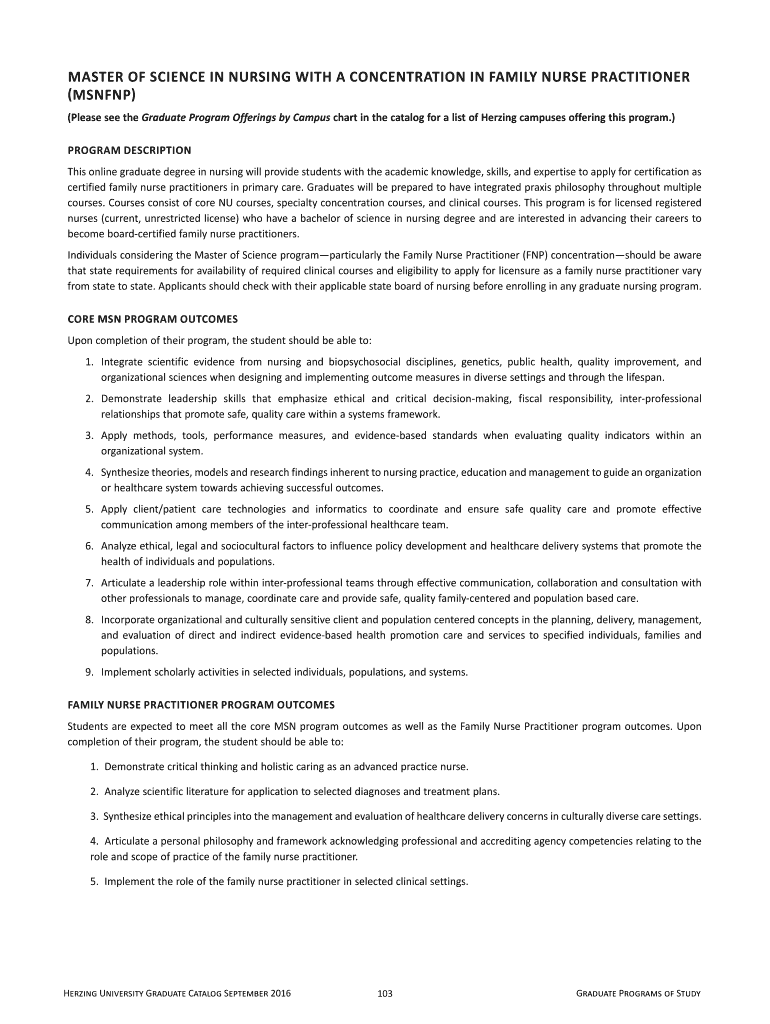 Fillable Online MASTER OF SCIENCE IN NURSING WITH A CONCENTRATION IN FAMILY NURSE PRACTITIONER ...