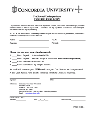 Fillable Online Traditional Undergraduate CASH RELEASE FORM Fax Email ...