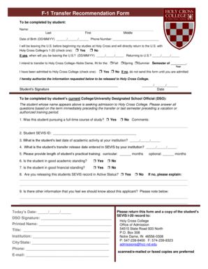Fillable Online F-1 Transfer Recommendation Form - Holy Cross College ...