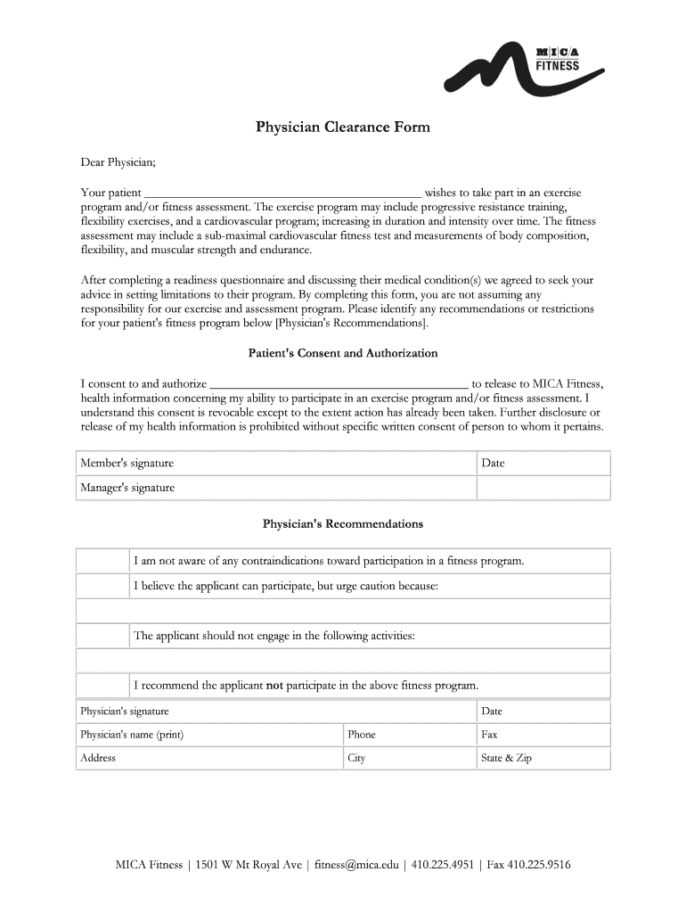 Fillable Online mica Physician Clearance Form - MICA Fax Email Print ...