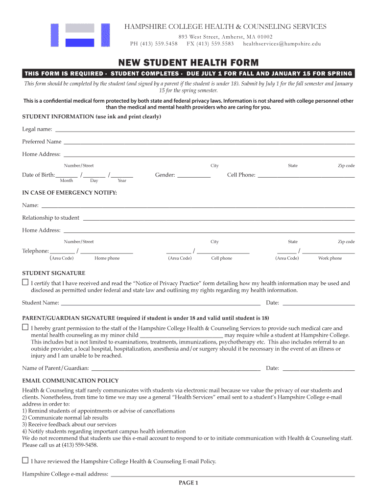 Fillable Online hampshire NEW STUDENT HEALTH FORM - Hampshire Fax Email ...