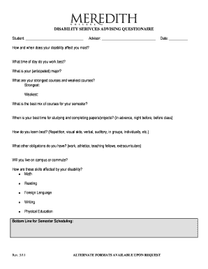 Fillable Online meredith DISABILITY SERIVCES ADVISING QUESTIONAIRE ...