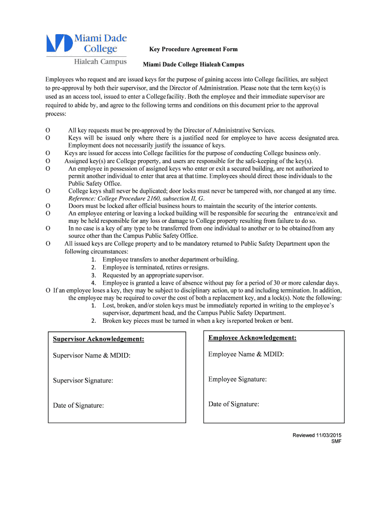 Fillable Online mdc Key Procedure Agreement Form Miami Dade College ...