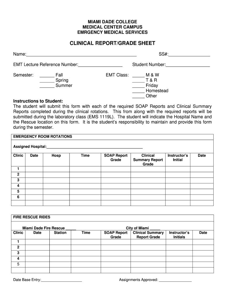 Fillable Online mdc CLINICAL REPORTGRADE SHEET - Miami Dade College ...