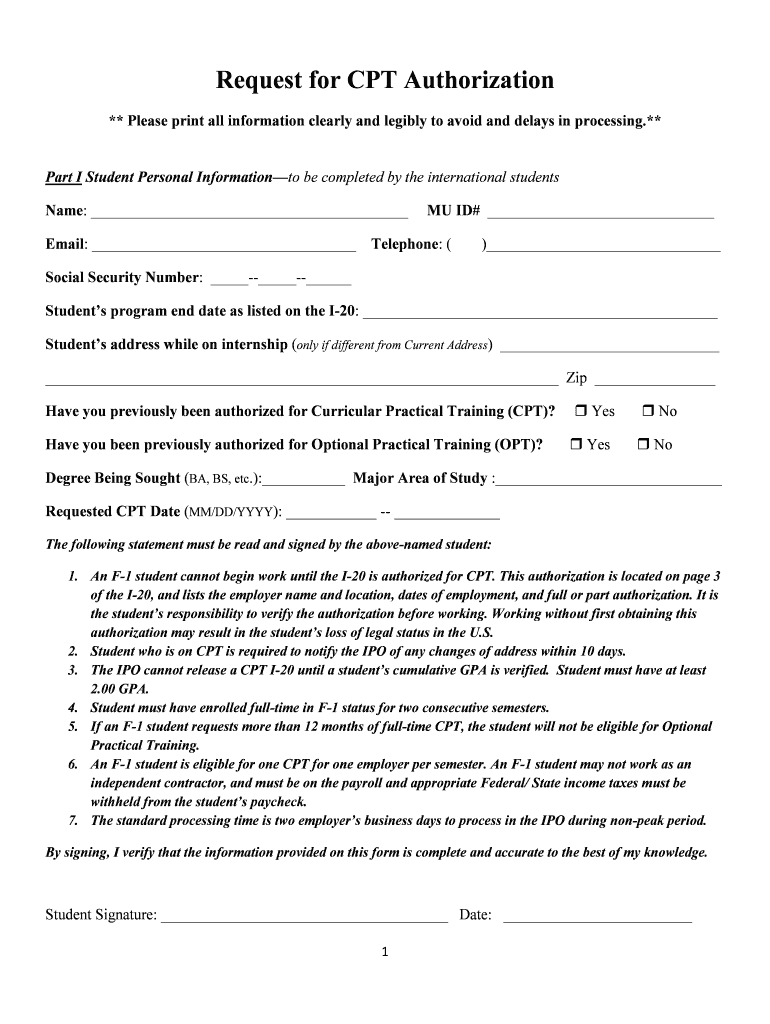 Fillable Online methodist Request for CPT Authorization - Methodist University - methodist Fax ...