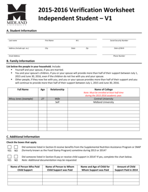Fillable Online 20152016 Verification Worksheet Independent Student V1 A Fax Email Print - pdfFiller