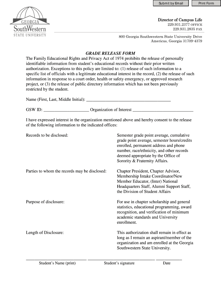 Fillable Online gsw Grade Release Form-Greeks Fax Email Print - pdfFiller