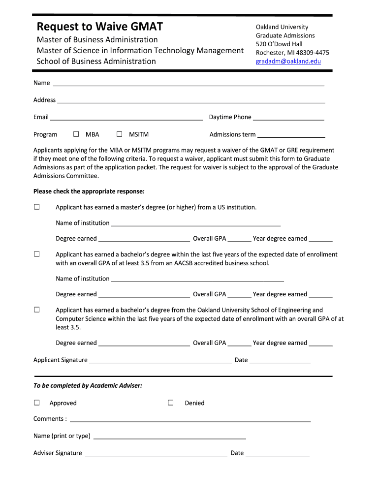 Fillable Online oakland Request to Waive GMAT Fax Email Print - pdfFiller