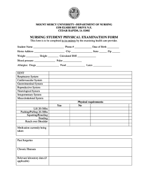 Fillable Online mtmercy NURSING STUDENT PHYSICAL EXAMINATION FORM Fax ...
