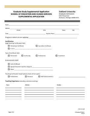 Fillable Online oakland Graduate Study Supplemental Application Oakland ...