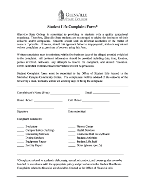 Fillable Online glenville Student Life Complaint Form - Glenville State ...