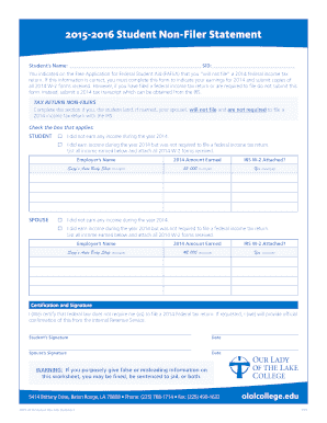 Fillable Online 2015-2016 Student Non-Filer Statement - OLOL College ...