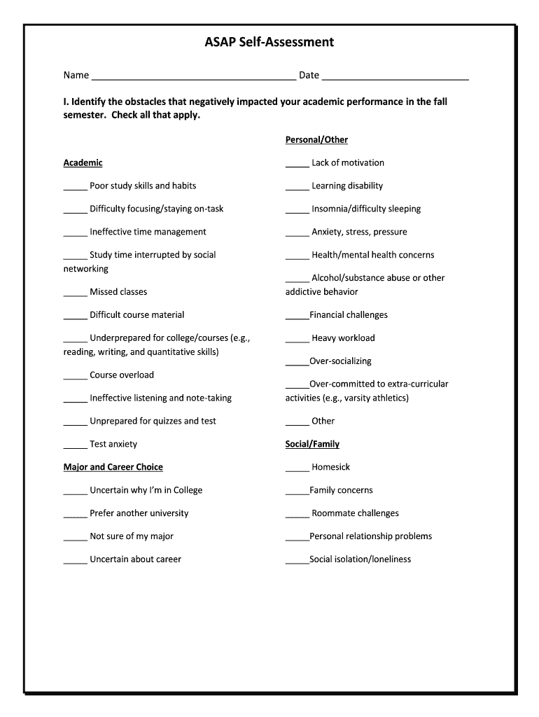 Fillable Online ASAP Self-Assessment - owuedu Fax Email Print - pdfFiller