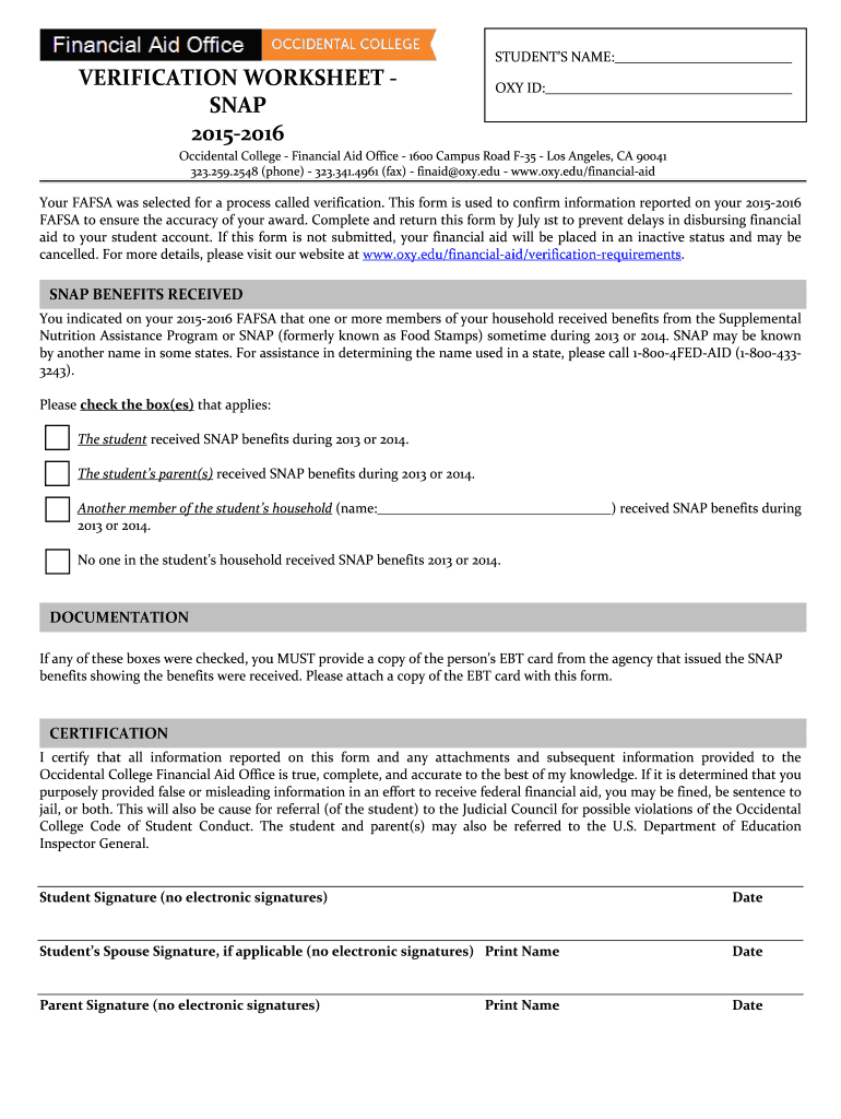 Fillable Online oxy STUDENTS NAME VERIFICATION WORKSHEET - Occidental College Fax Email Print ...