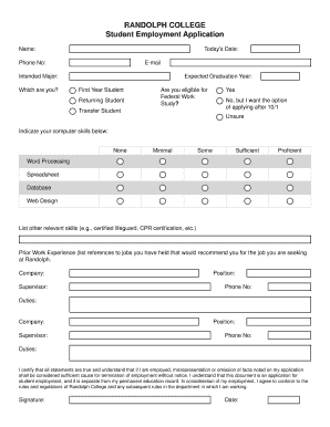 Fillable Online randolphcollege RANDOLPH COLLEGE Student Employment ...