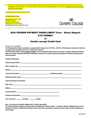 Fillable Online olympic ACH VENDOR PAYMENT ENROLLMENT Form CTX FORMAT ...