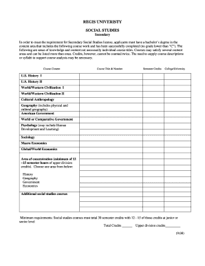 Fillable Online regis REGIS UNIVERISTY SOCIAL STUDIES Secondary Fax ...