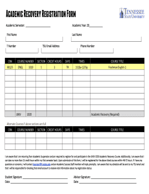 Fillable Online tnstate Academic Recovery Registration Form - tnstateedu Fax Email Print - pdfFiller