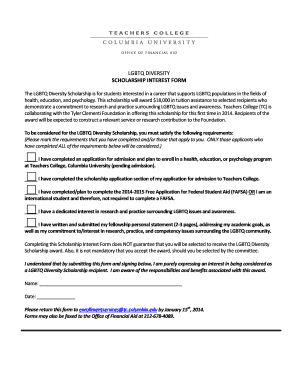 Fillable Online tc columbia LGBTQ DIVERSITY SCHOLARSHIP INTEREST FORM ...