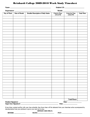 Fillable Online reinhardt Reinhardt College 2009-2010 Work Study ...