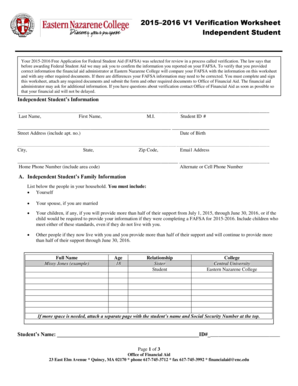 Fillable Online enc 20152016 V1 Verification Worksheet Independent Student Your 20152016 Free ...