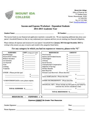 Fillable Online mountida edu Income and Expense Worksheet Dependent ...