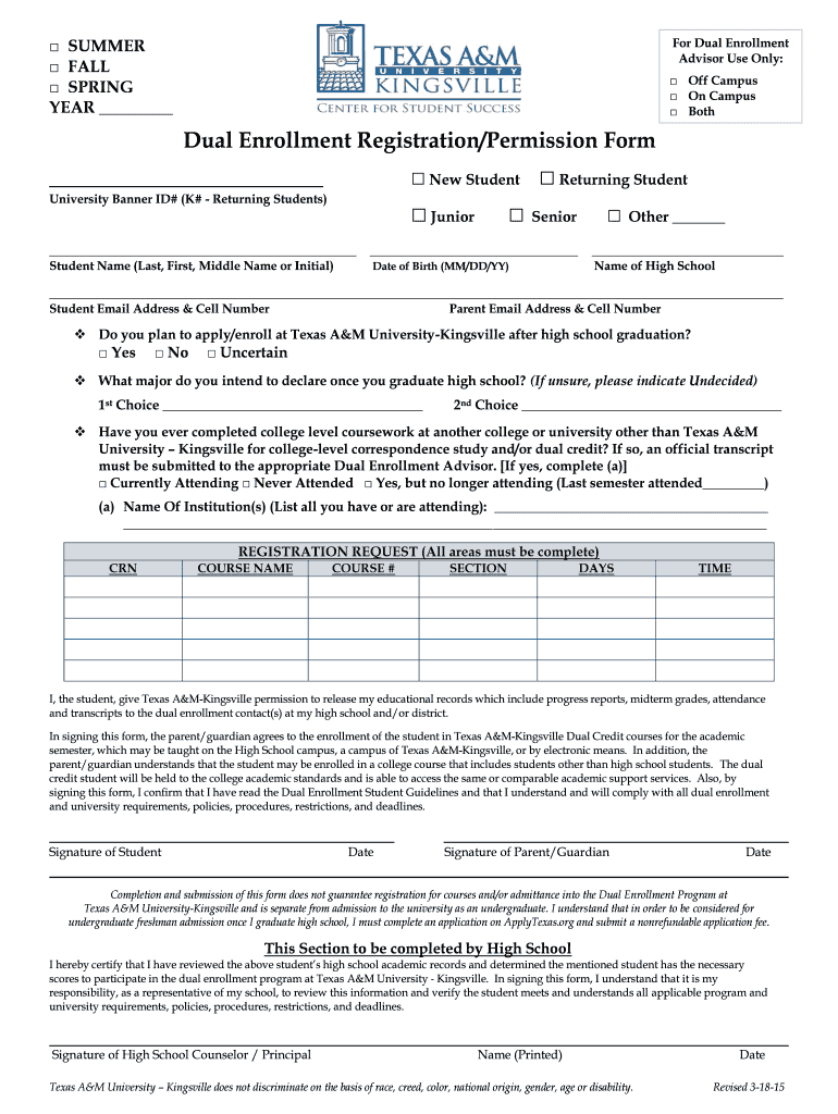 Fillable Online tamuk SUMMER For Dual Enrollment FALL Advisor Use Only ...