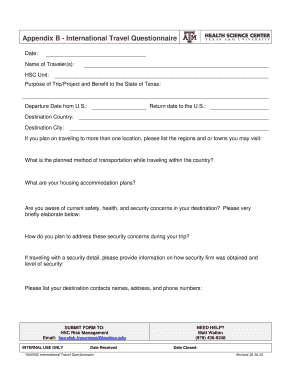 Fillable Online tamhsc Appendix B - International Travel Questionnaire ...
