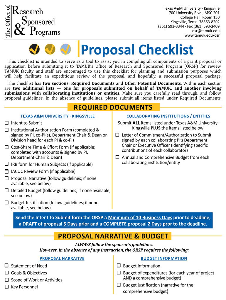 Fillable Online tamuk Proposal Checklist - tamukedu Fax Email Print ...