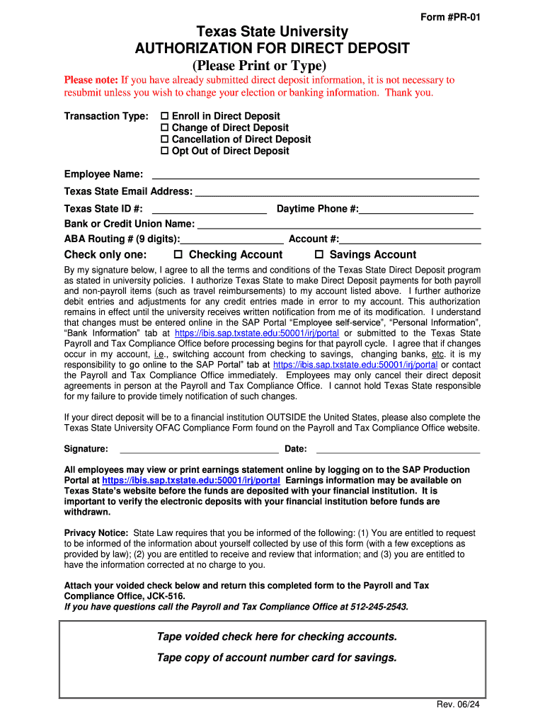 Fillable Online txstate Form PR-01 Texas State University AUTHORIZATION ...