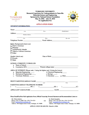 Fillable Online tuskegee Tuskegee Univ MSE-REU 2016 Application Packet Fax Email Print - pdfFiller