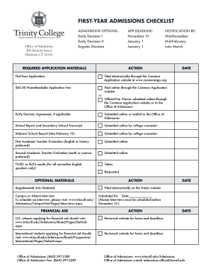 Fillable Online trincoll FIRST-YEAR ADMISSIONS CHECKLIST - Trinity ...