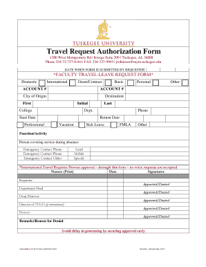 Fillable Online tuskegee Travel Request Authorization Form - Tuskegee University Fax Email Print ...