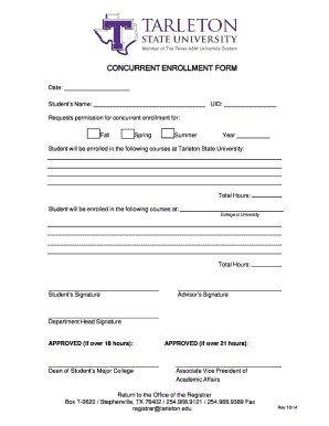 Fillable Online tarleton CONCURRENT ENROLLMENT FORM - Tarleton State ...