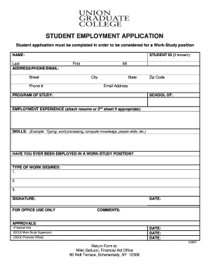 Fillable Online uniongraduatecollege STUDENT EMPLOYMENT APPLICATION ...
