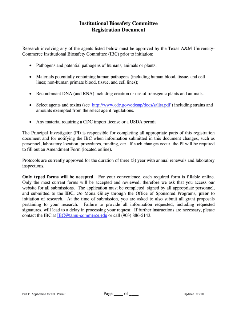 Fillable Online tamuc Institutional Biosafety Committee Registration ...