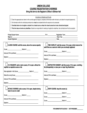 Fillable Online union UNION COLLEGE COURSE REGISTRATION OVERRIDE Bring ...