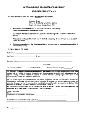 Fillable Online union SPECIAL HOUSING ACCOMMODATION REQUEST STUDENT REQUEST Form A - union Fax ...