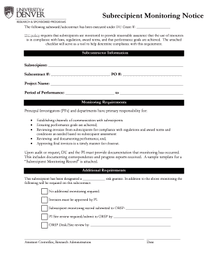 Fillable Online du Subrecipient Monitoring Notice - University of ...