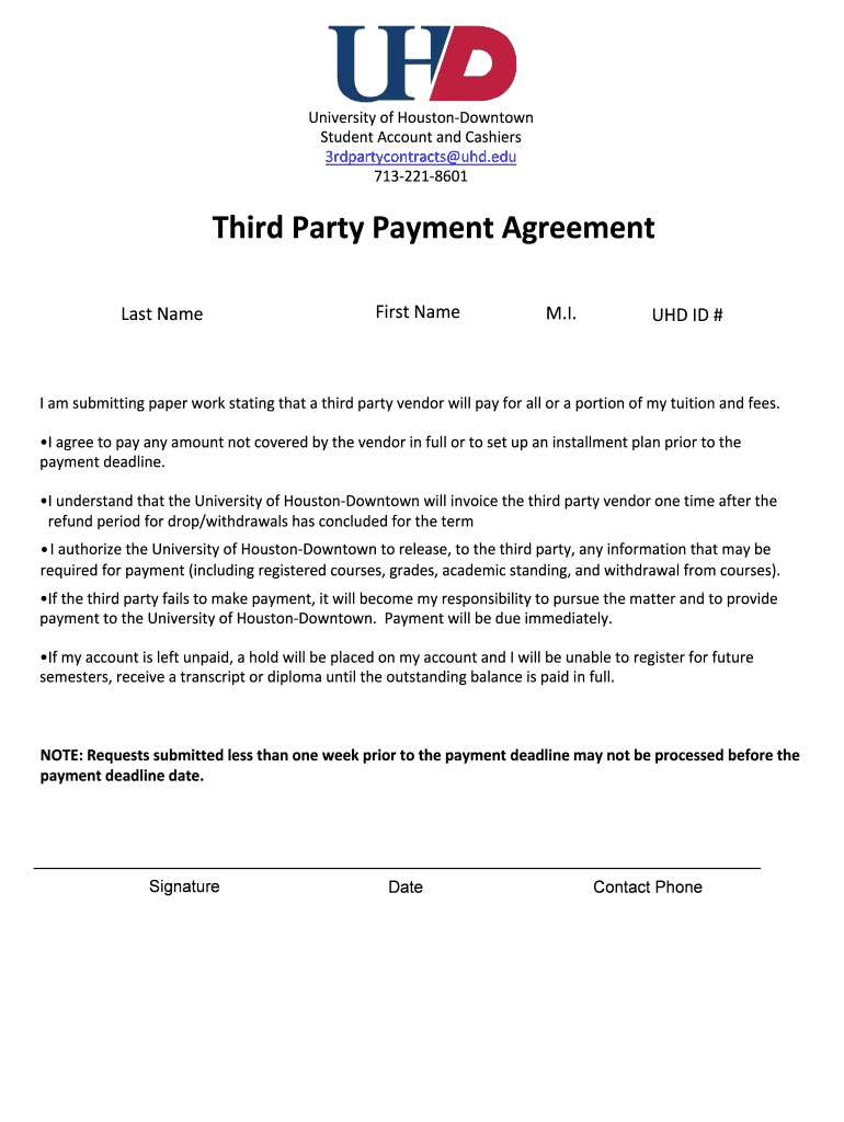Fillable Online uhd Third Party Payment Agreement - University of ...
