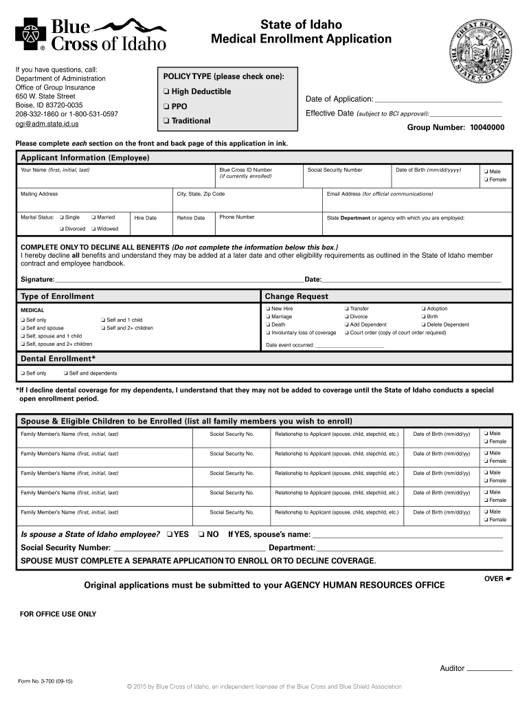 Fillable Online isu State of Idaho Medical Enrollment Application ...