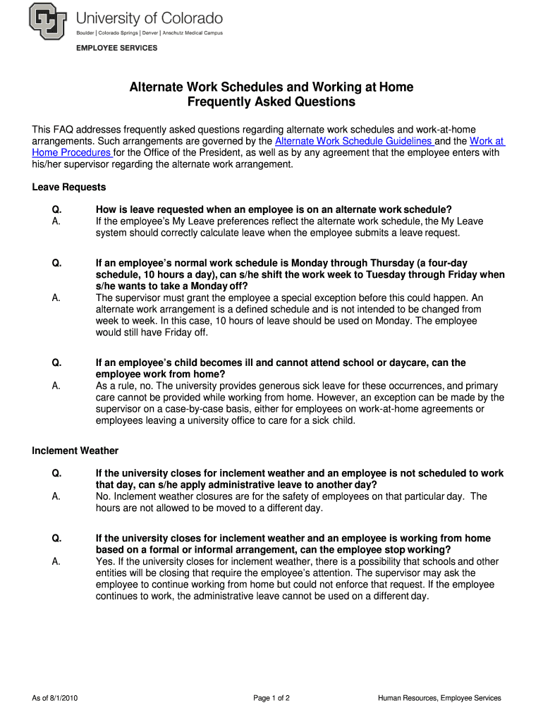 Fillable Online Alternate Work Schedules and Working at Home Frequently ...
