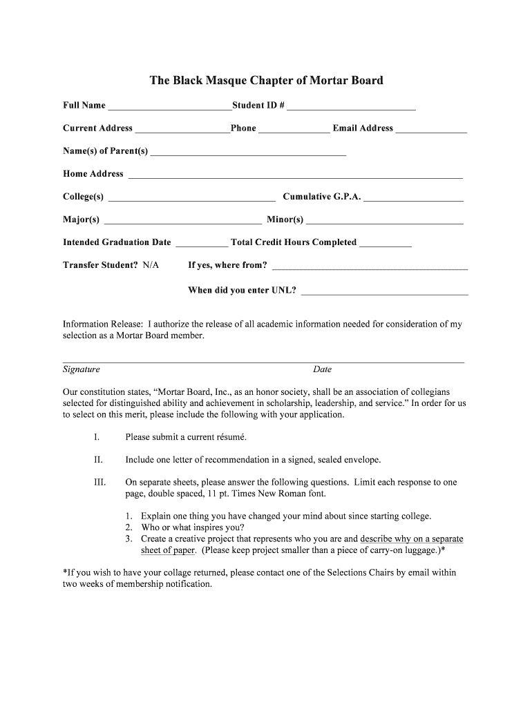 Fillable Online unl Mortar Board - University of NebraskaLincoln Fax Email Print - pdfFiller