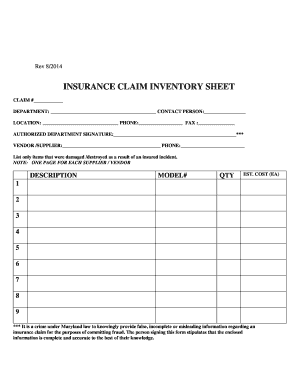 Fillable Online umaryland INSURANCE CLAIM INVENTORY SHEET Fax Email ...