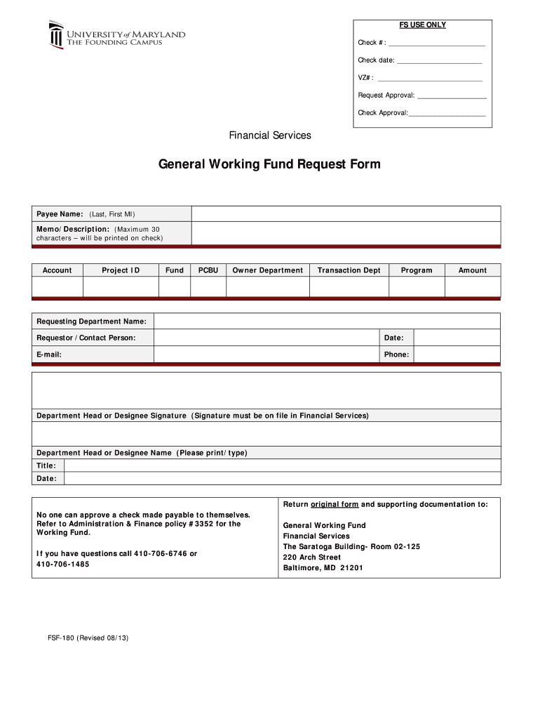 Fillable Online umaryland General Working Fund Request Form Fax Email Print - pdfFiller