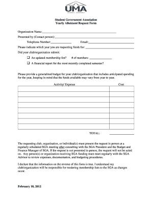 Fillable Online uma Student Government Association Yearly Allotment ...