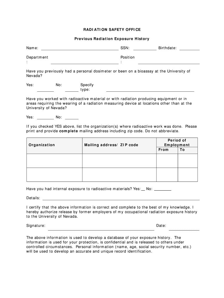 Fillable Online unr RADIATION SAFETY OFFICE Previous Radiation Exposure ...