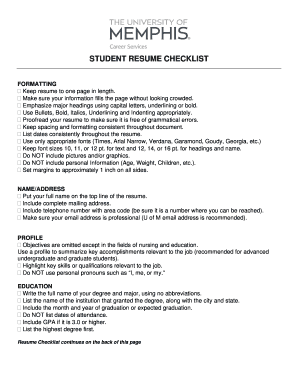 Fillable Online STUDENT RESUME CHECKLIST Fax Email Print - pdfFiller